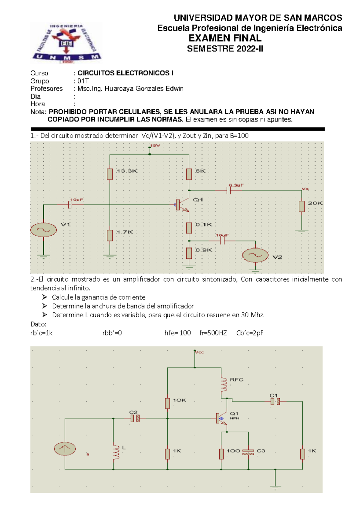 Examen Final de Circuitos Electrónicos I - CE-I - UNMSM 22B - Studocu