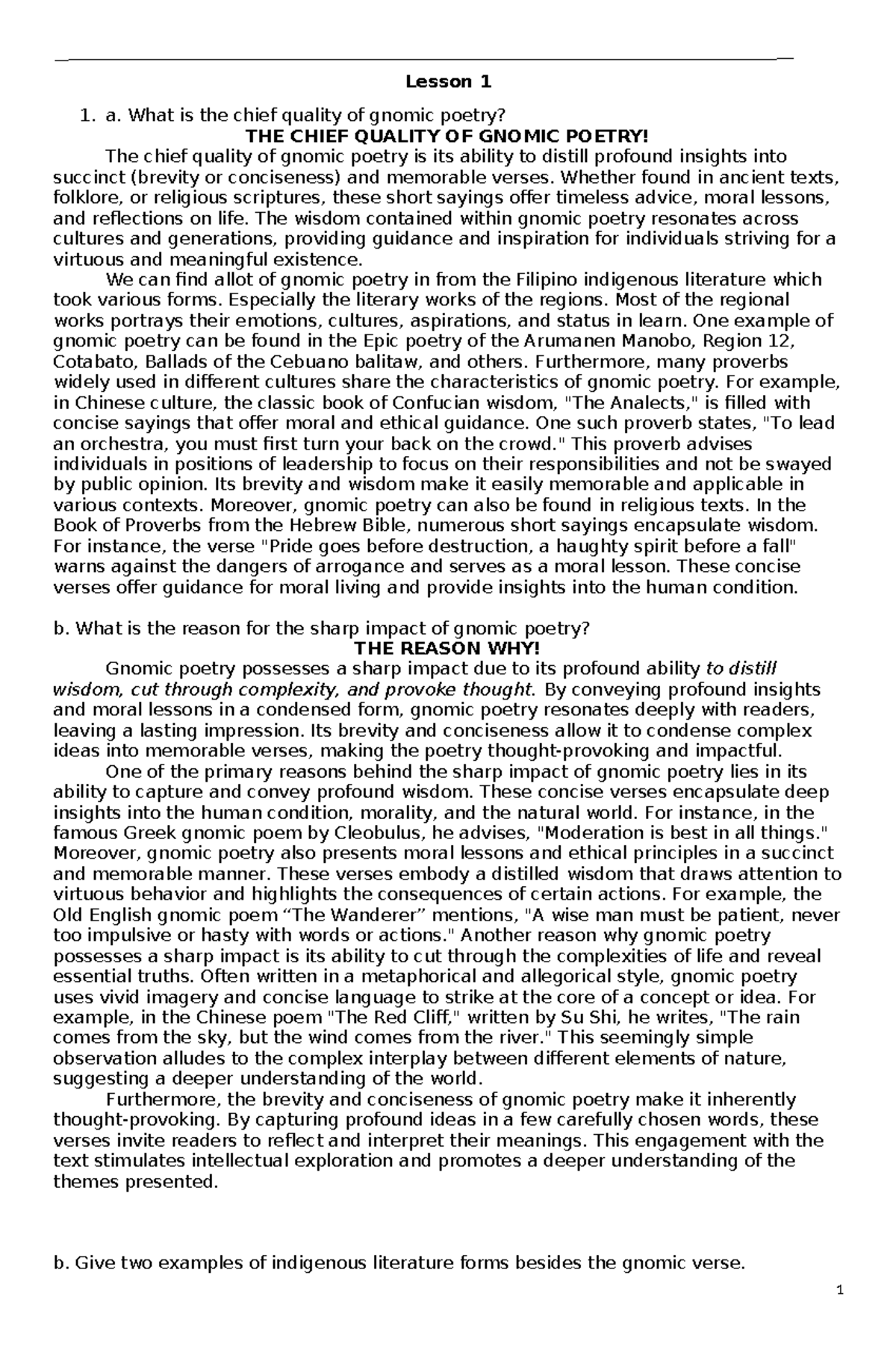 Literature A - Lesson on Gnomic Poetry and Indigenous Forms - Studocu