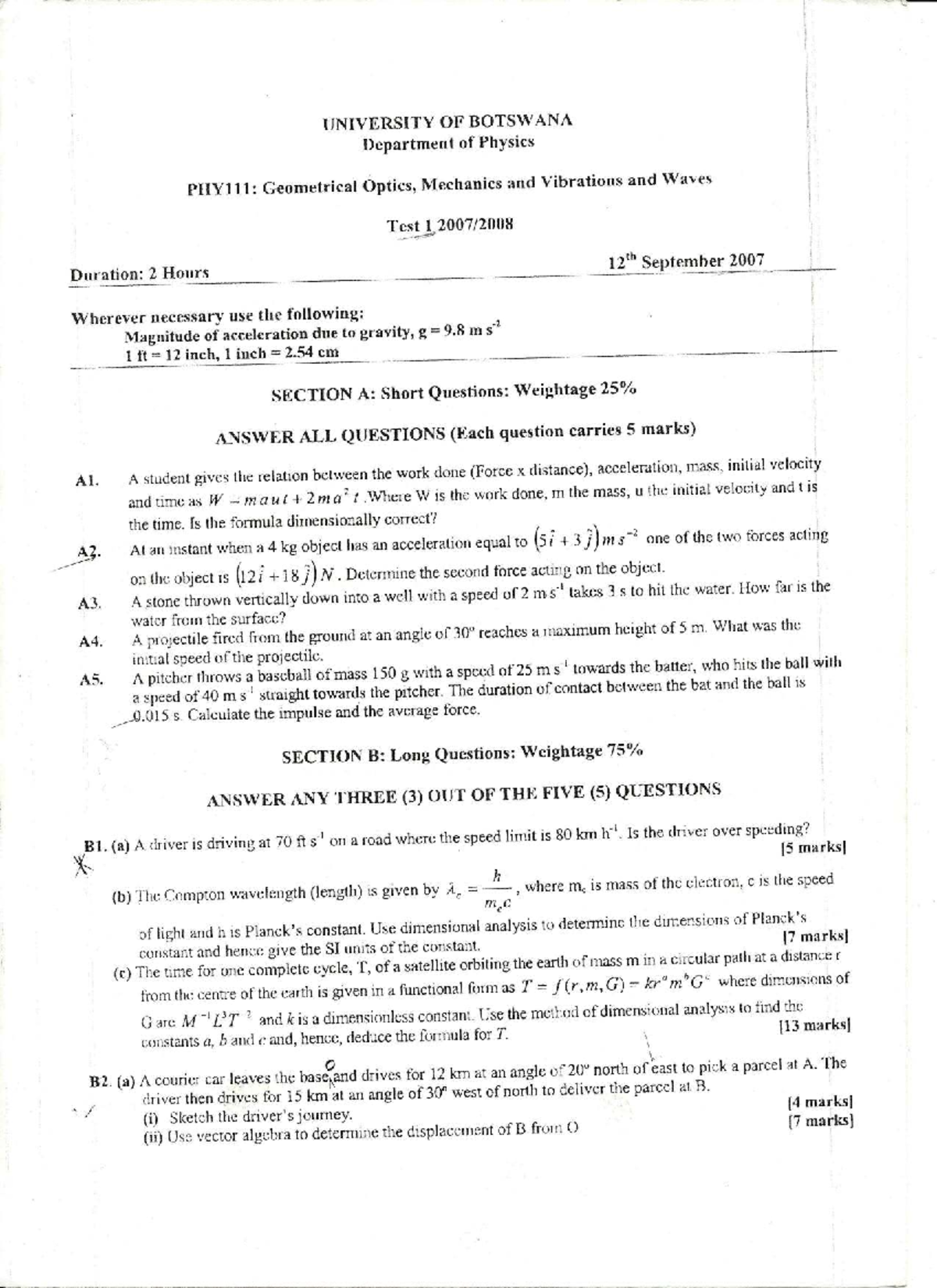 2007 PHYS 08 Test 1: Geometrical Optics, Mechanics & Waves Exam - Studocu