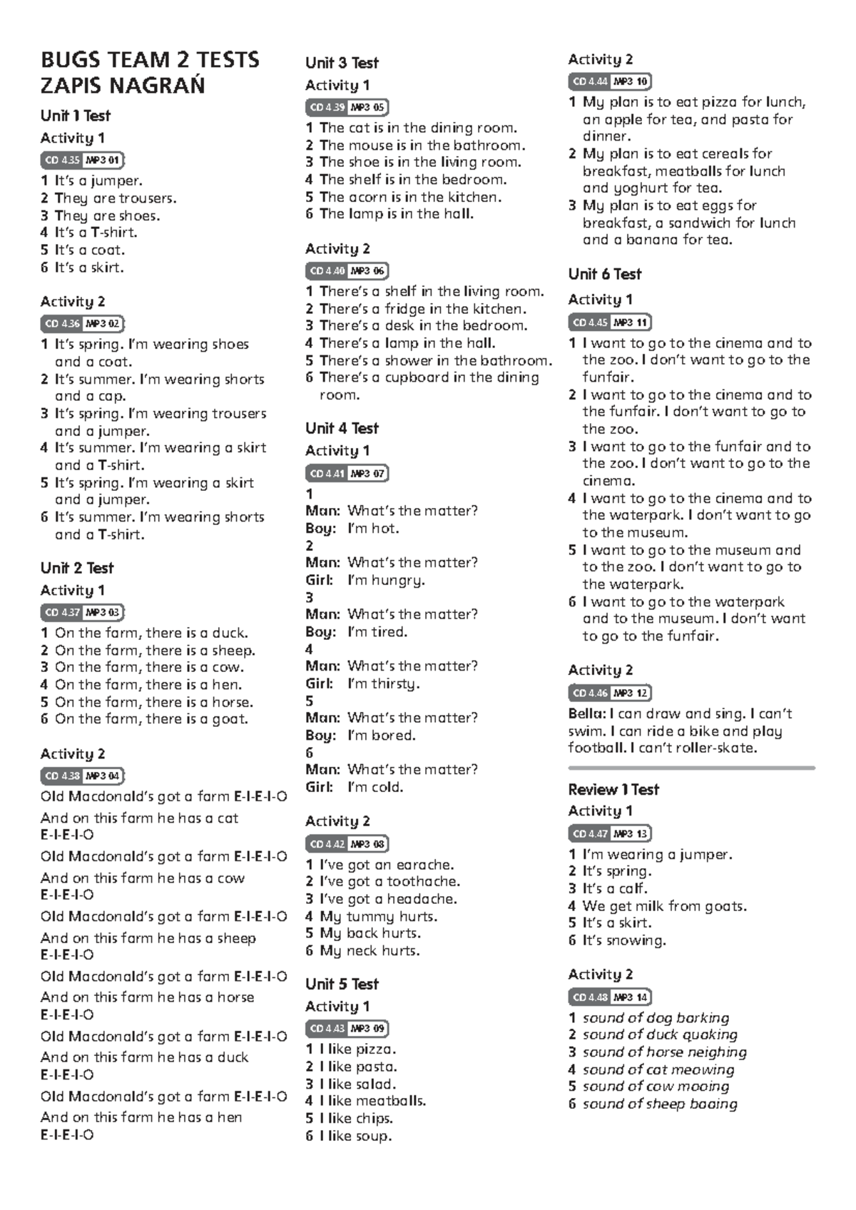 Bugs Team 2 Tests: Unit 1-6 Audioscript Review - Studocu