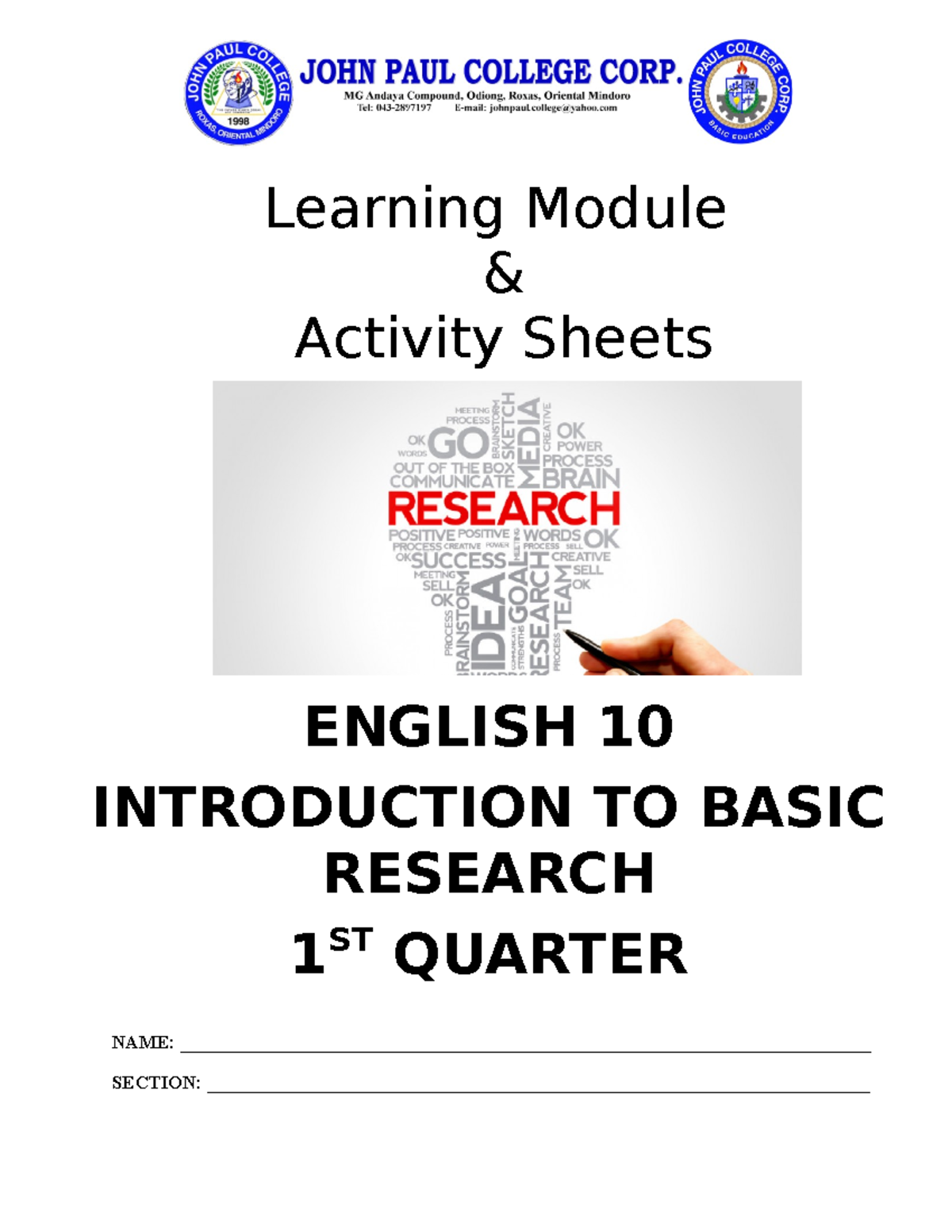 Research 10 - 1st Quarter - Learning Module & Activity Sheets NAME ...
