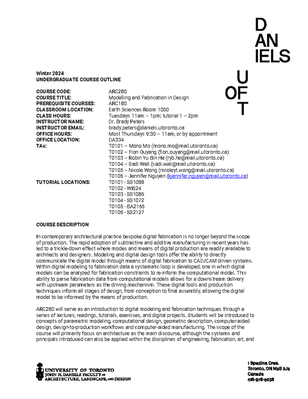 ARC280 Winter 2024 Course Outline: Modelling & Fabrication in Design ...