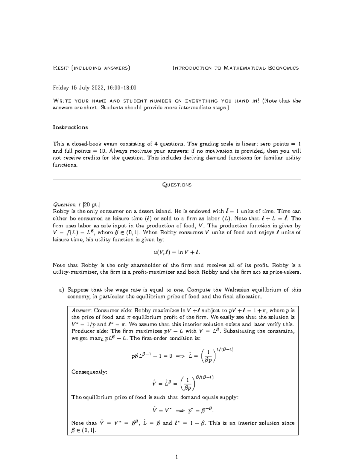Resit IME 2022: Intro to Mathematical Economics Solutions - Studeersnel