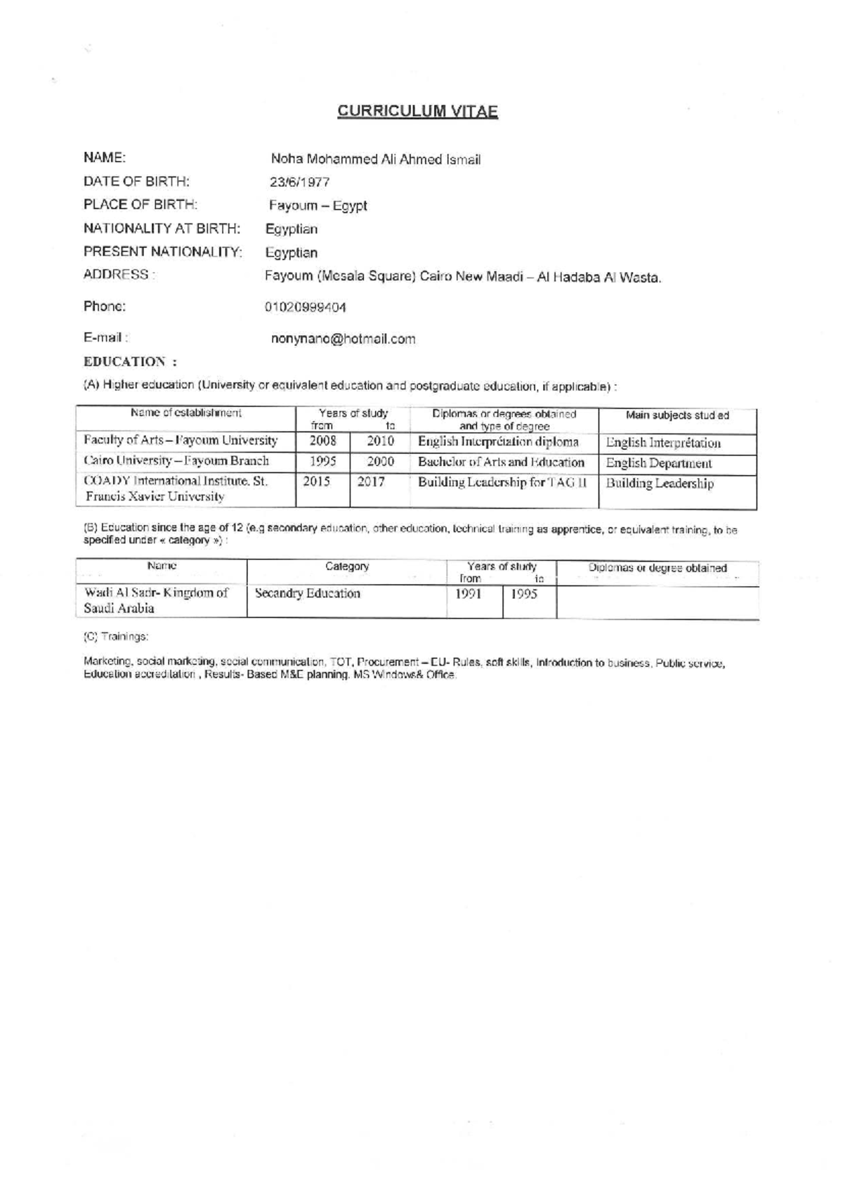 Resume of Noha Mohammed Ali Ahmed Ismail - Professional Overview - Studocu