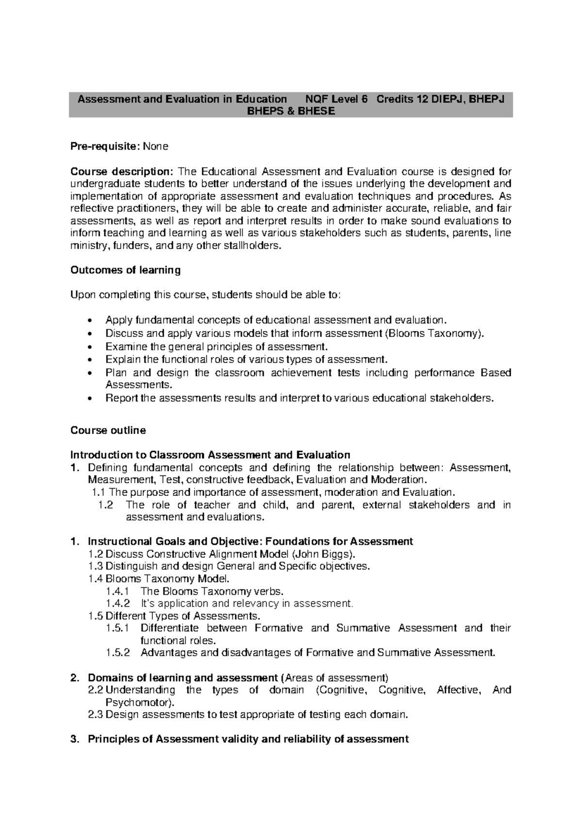 Assessment & Evaluation in Education NQF Level 6 - Course Overview ...
