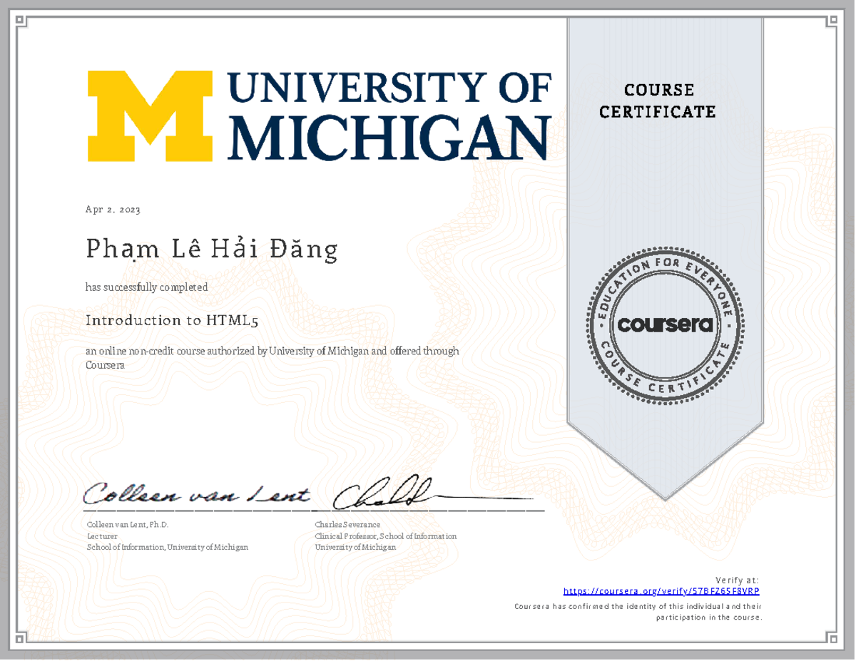 HTML5 Course Completion Certificate - University of Michigan - Studocu