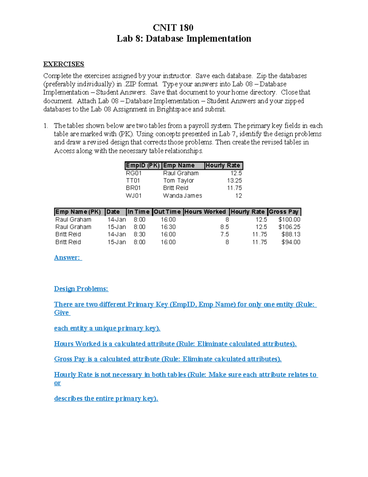 Lab 08 - CNIT 180 Database Implementation - Student Exercise Answers - Studocu