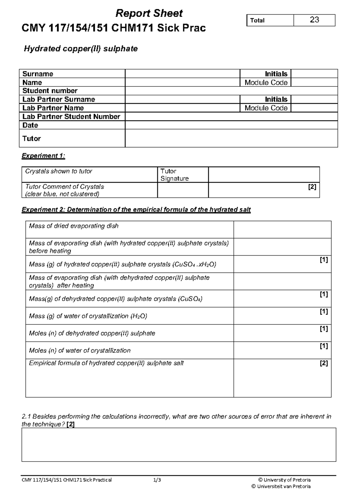 CMY CHM171 Sick Practical Report: Preparation of Copper(II) Sulphate ...