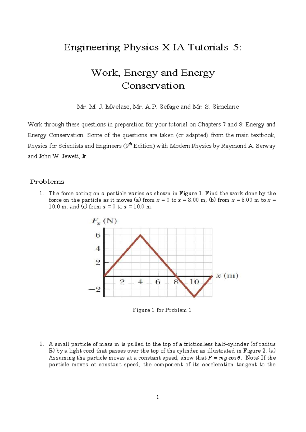 Tutorials 5 - Work, Energy & Conservation in Engineering Physics X IA ...