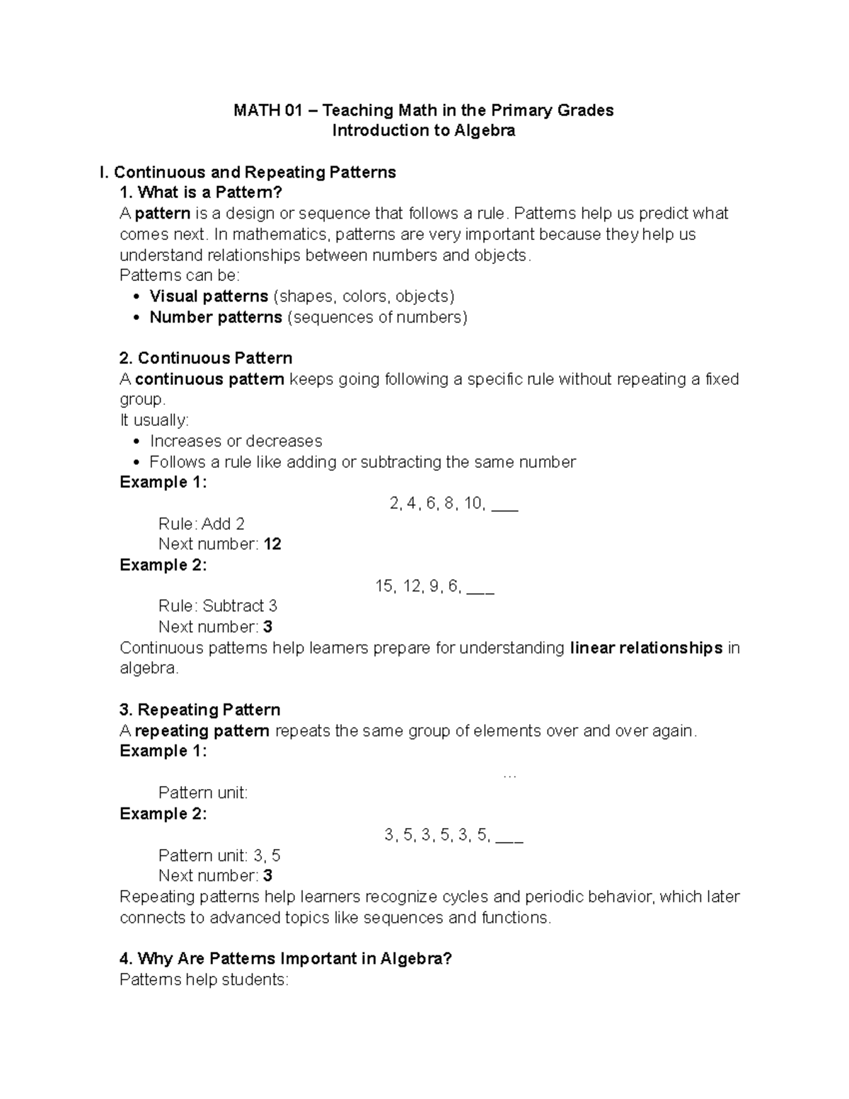 MATH 01 Final Exam Notes: Patterns & Number Sentences in Algebra - Studocu