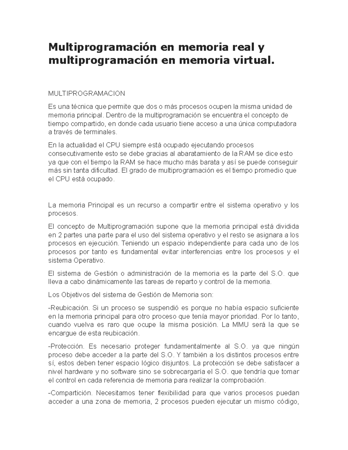 Multiprogramación En Memoria Real Y Multiprogramación En Memoria