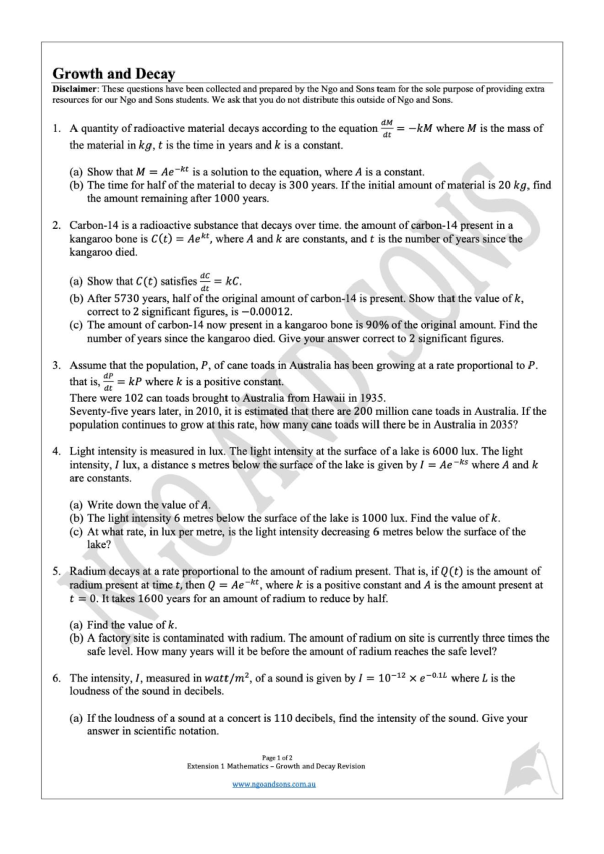 Extension 1 Mathematics: Growth & Decay Revision Paper 3 - Studocu