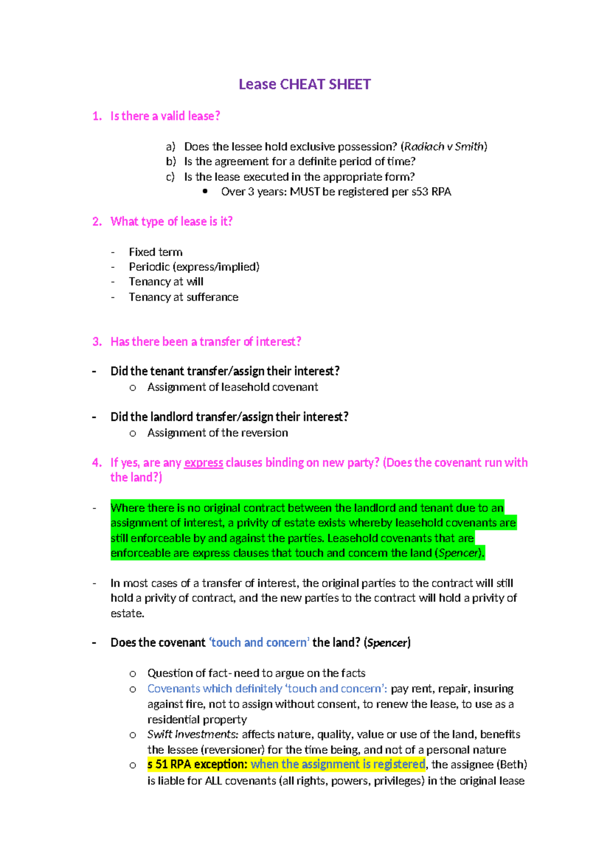 Real Property Lease Cheat Sheet - Key Concepts & Summary - Studocu