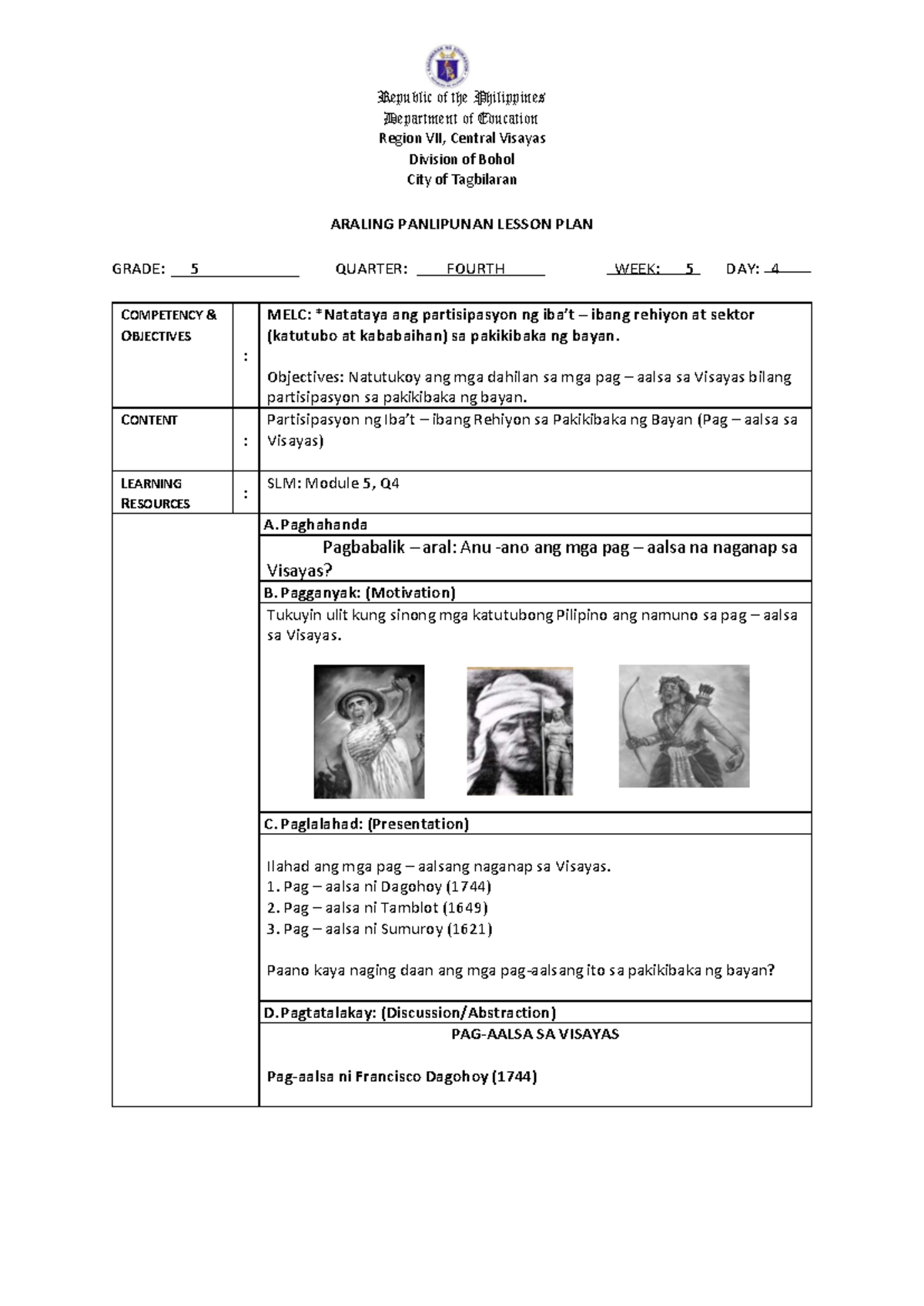 AP5 - Araling Panlipunan Lesson Plan: Pag-aalsa sa Visayas - Studocu