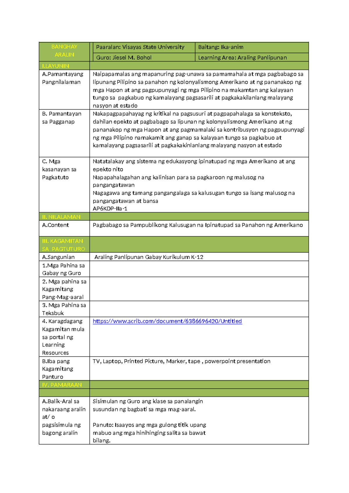 Jiesel bohol Lesson PLAN - BANGHAY ARALIN Paaralan: Visayas State ...