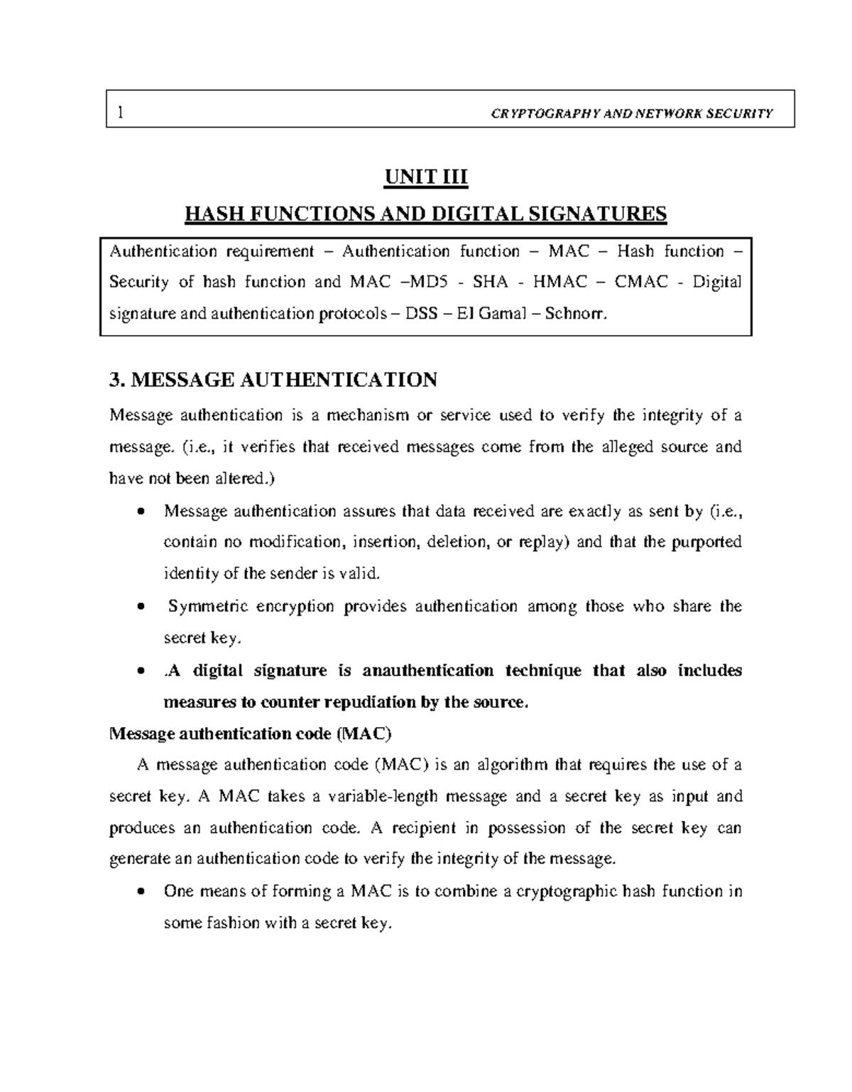 Unit 3 - Lecture Notes on Hash Functions & Digital Signatures in ...