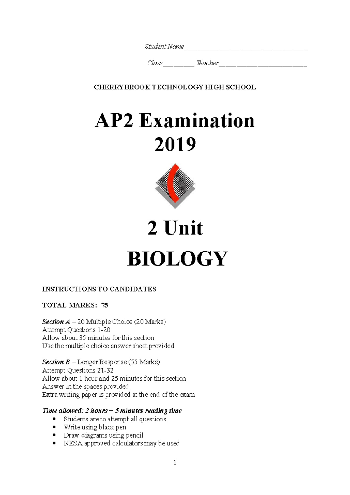 2019 AP2 Biology Exam - Cherrybrook Technology High School - Studocu