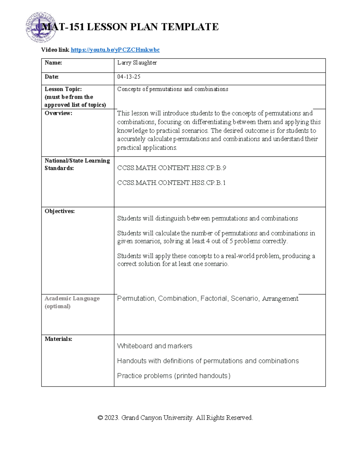 MAT-151 Lesson Plan: Understanding Permutations & Combinations - Studocu