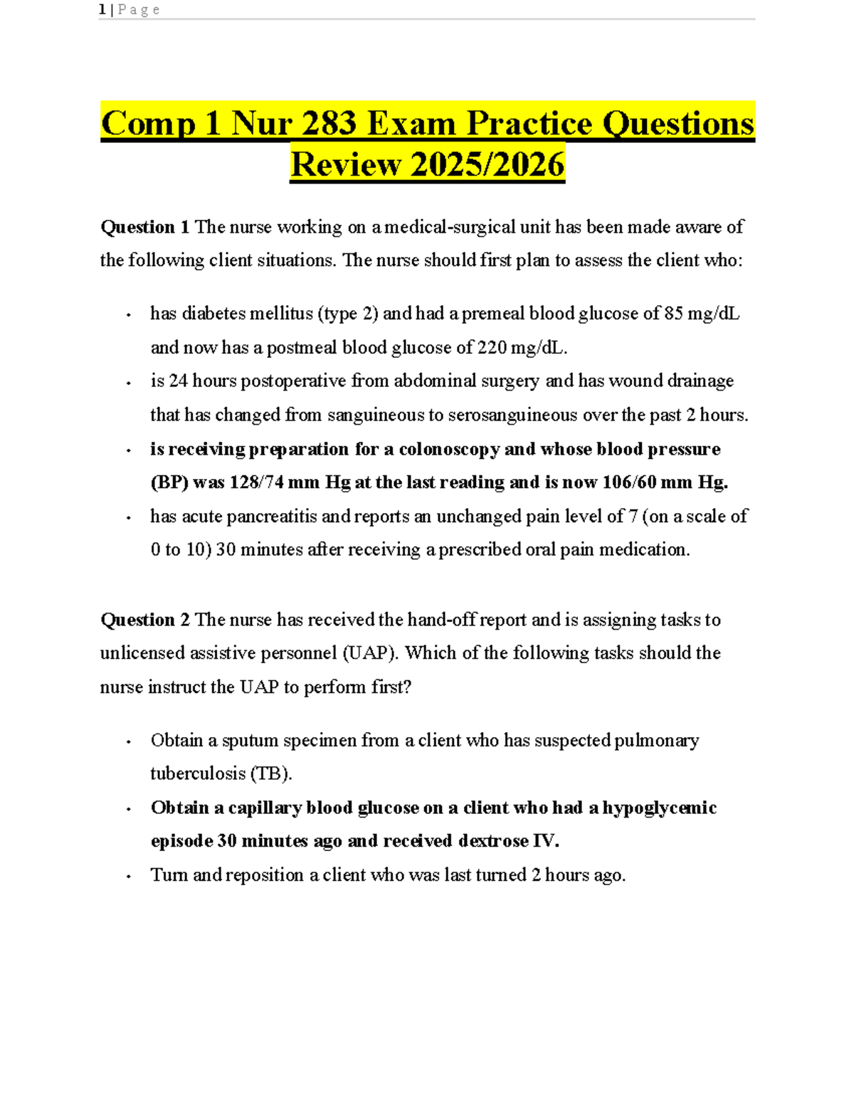 Comp 1 Nur 283 Final Exam Practice Questions Review - Studocu