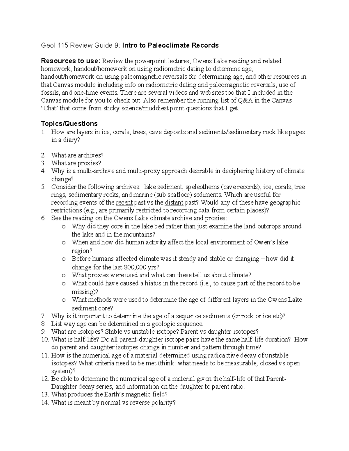G115 RG9 archives proxies and age Fall2022 - Geol 115 Review Guide 9 ...
