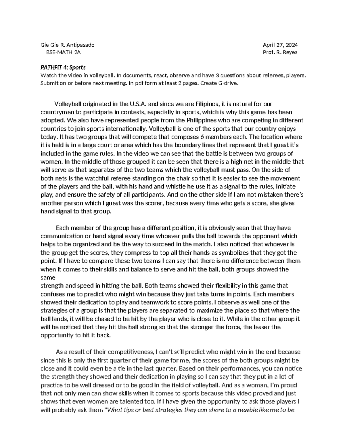 BSE-MATH 2A: Reflection on Volleyball Game Observations - Studocu