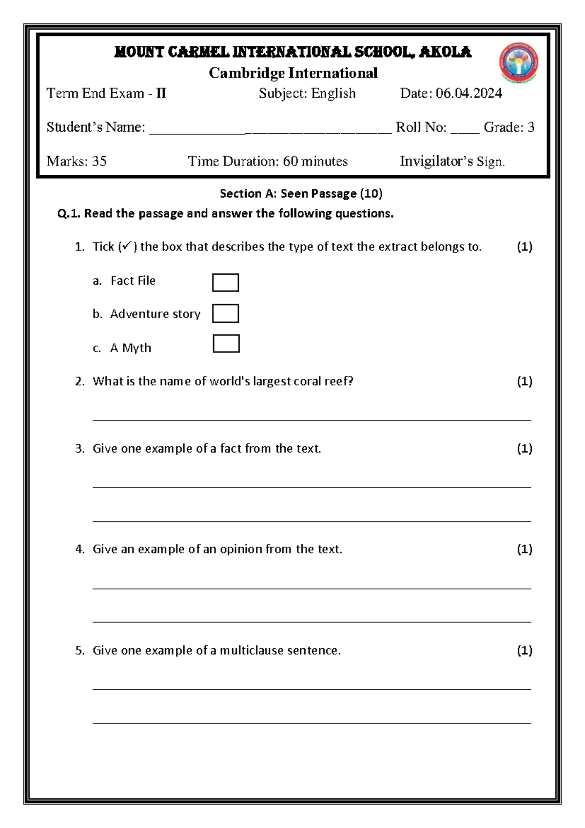 Grade 3 English - Term End Exam II Test Sheet - Studocu