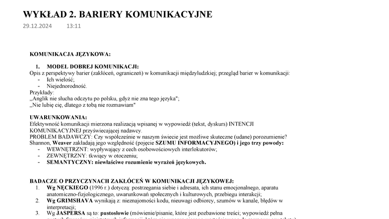 WYKŁAD 2: Bariery Komunikacyjne w Procesie Komunikacji Językowej - Studocu