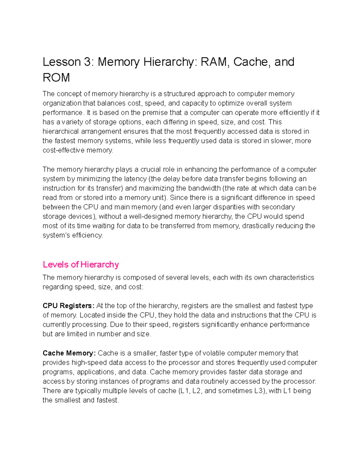 Lesson 3: Memory Hierarchy - RAM, Cache, and ROM Overview - Studocu