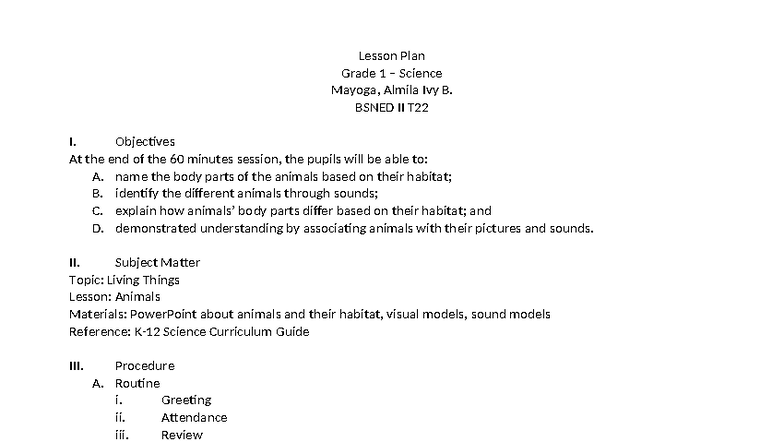 Grade 1 Science Lesson Plan: Understanding Animals and Their Habitats ...