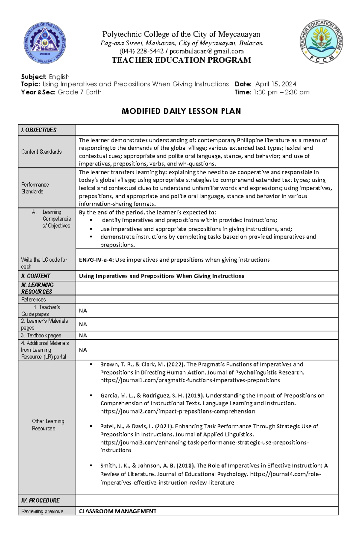 Using Imperatives & Prepositions in Instructions - Eng 7 Lesson Plan ...