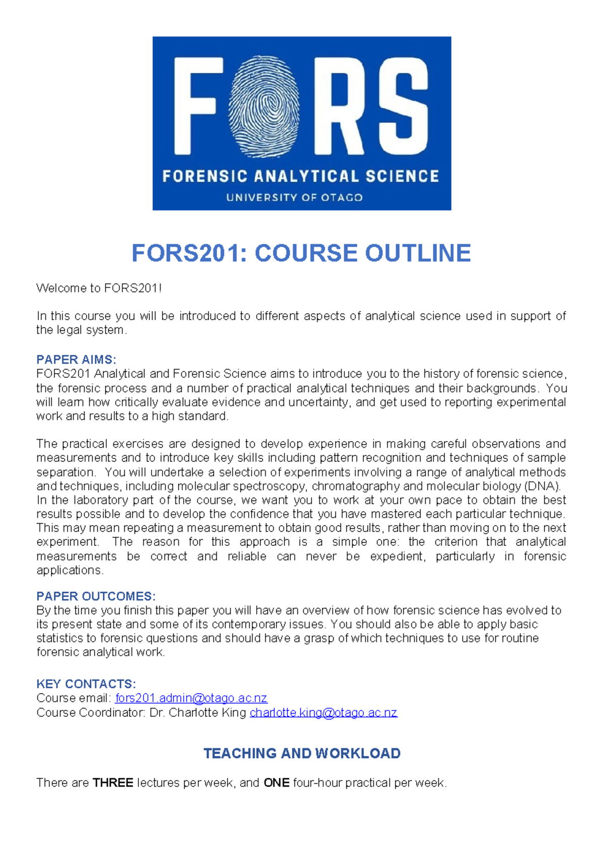 FORS201: 2025 Course Outline for Analytical & Forensic Science - Studocu
