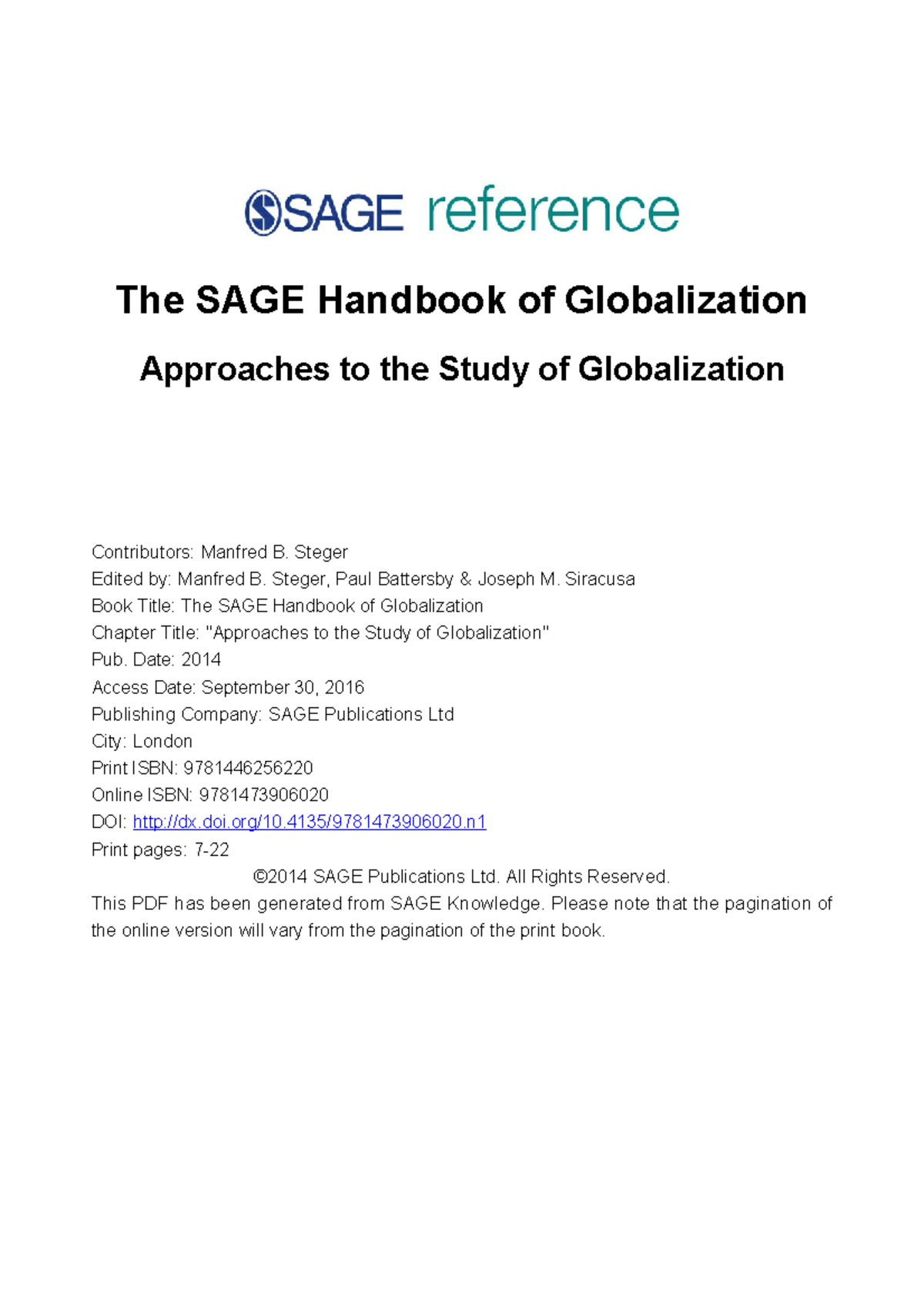 SAGE Handbook: Globalization Approaches - Insights & Perspectives - Studocu