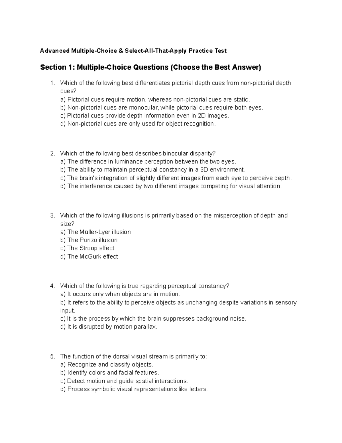 Advanced Practice Test: Sensory Processing & Perception Questions - Studocu