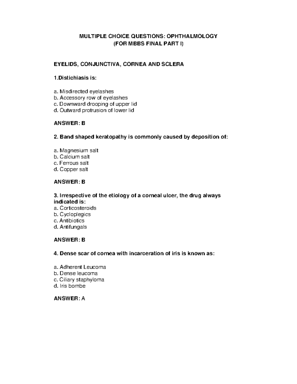 MCQs on Ophthalmology (MBBS Final Part I) - Eyelids, Conjunctiva ...
