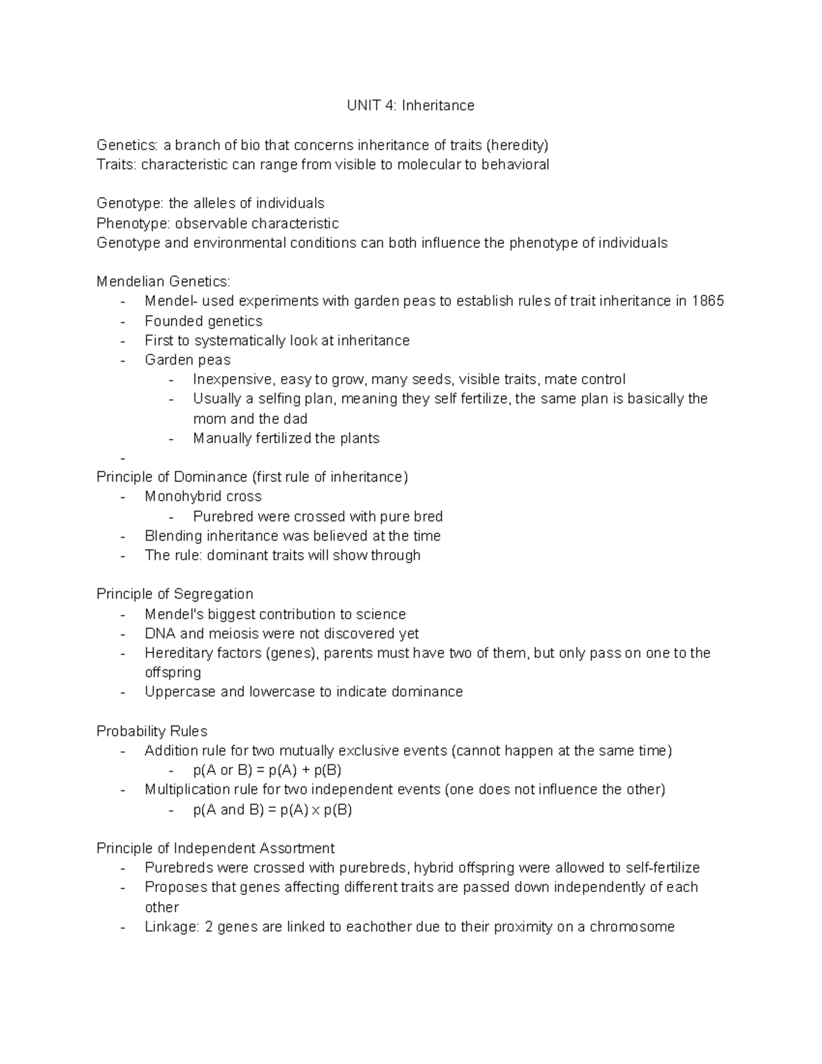 Bio 101: Genetics and Inheritance - Unit 4 Overview - Studocu
