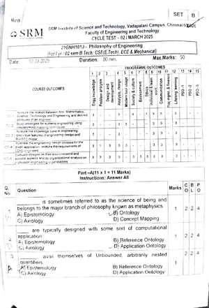 CSE 101: Philosophy of Engineering Cycle Test 2025 - Question Paper ...