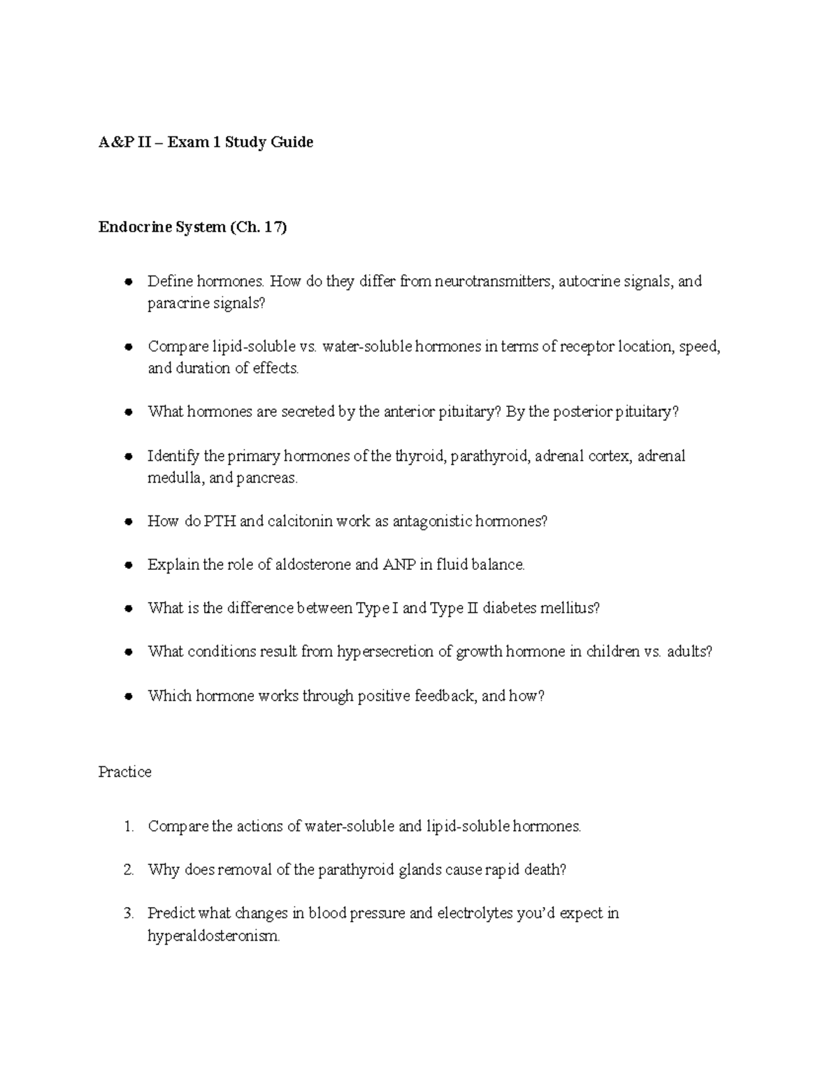A&P II – Exam 1 Study Guide: Endocrine System, Blood, Heart & Circulation - Studocu