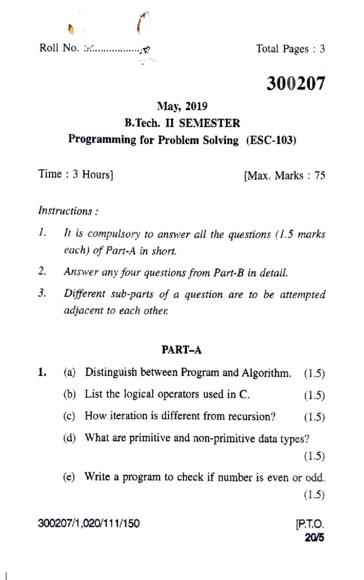YMCA B.Tech CSE II Sem Programming for Problem Solving Set 1 2019 - Studocu