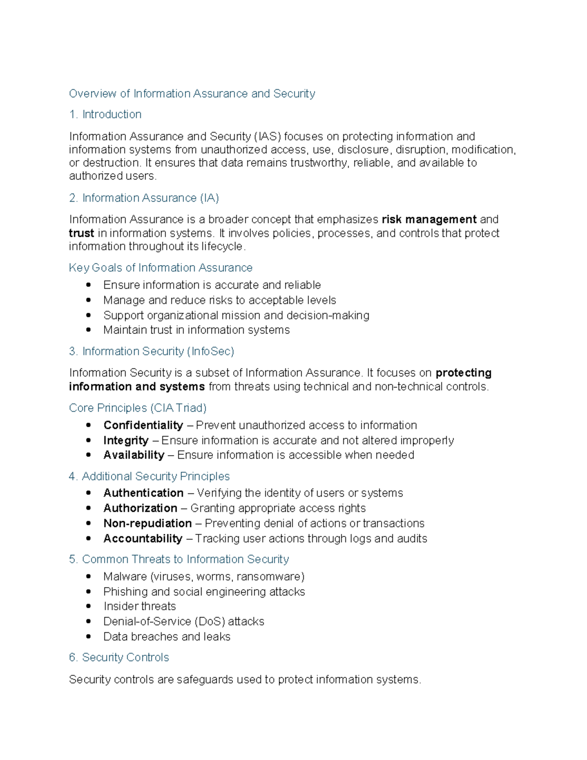 Week 1 - Overview of Information Assurance and Security Notes - Studocu