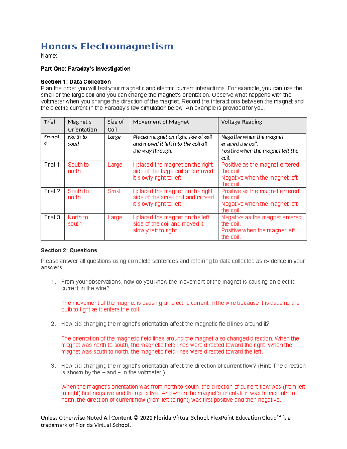 Honors Electromagnetism Worksheet Submission and Data Analysis - Studocu