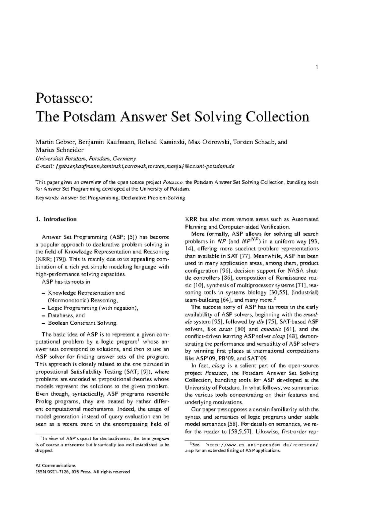 Potsdam ASP Tools Overview: The Potassco Collection Explained - Studocu
