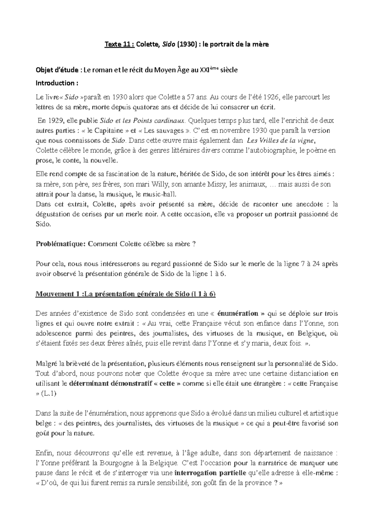 Texte 11 Sido Le portrait de la mere - Texte 11 : Colette, Sido (1930 ...