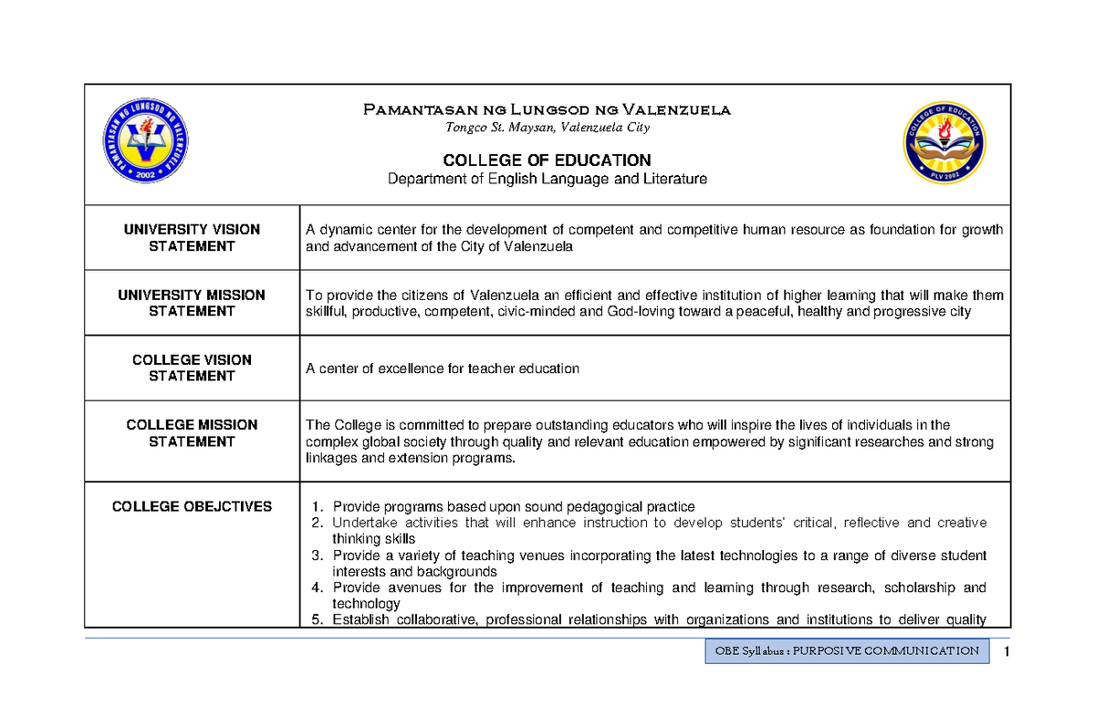 GE5 - Purposive Communication Course Syllabus and Learning Outcomes ...