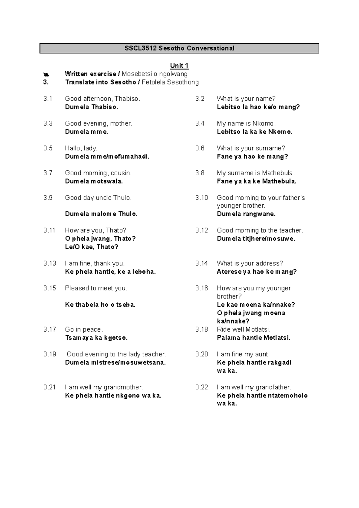 SSCL3512 Sesotho Conversational: Unit 1 Translation Exercises - Studocu