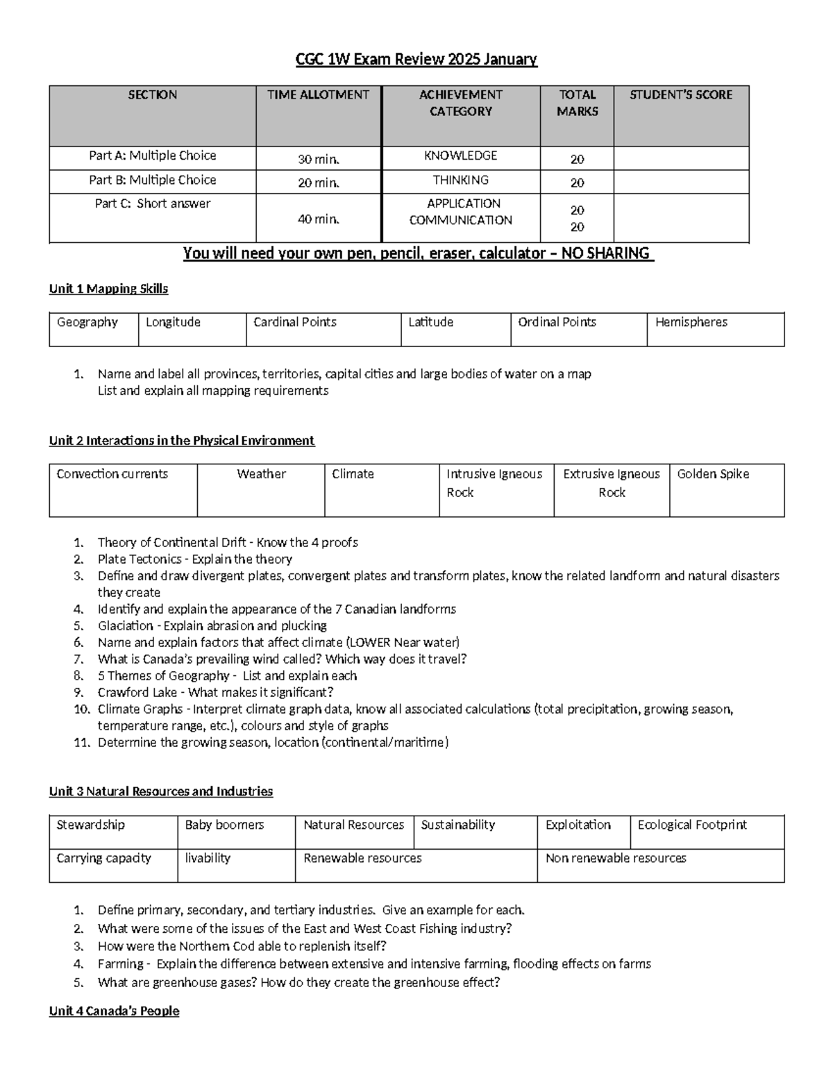 CGC 1W Final Exam Review 2025: Geography Concepts and Skills - Studocu