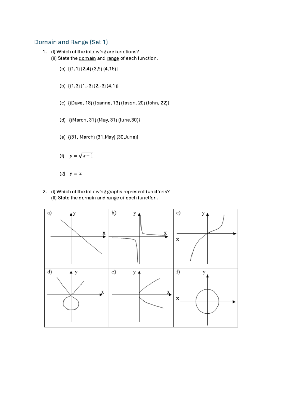 Domain and Range - Practice Material (Set 1 & 2) - Studocu
