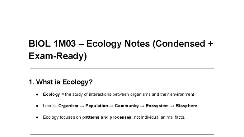 BIOL 1M03 – Condensed Ecology Notes for Exam Preparation - Studocu