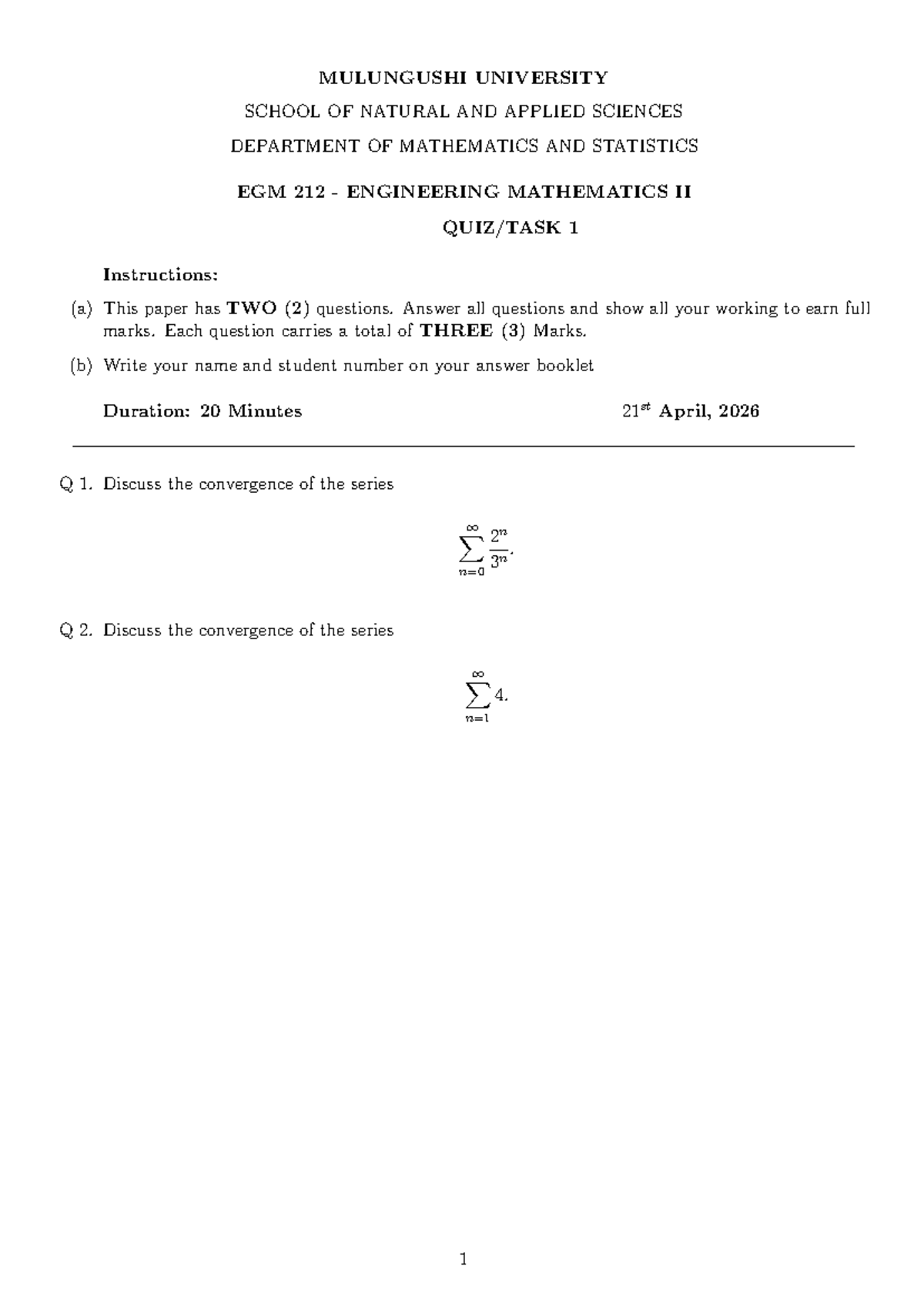 MSM 212 - QUIZ TASK 1 - Engineering Mathematics II Solutions - Studocu