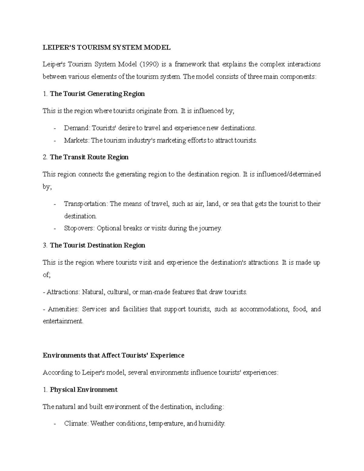 TOURISM SYSTEM MODEL: Leiper's Framework Explained - Studocu