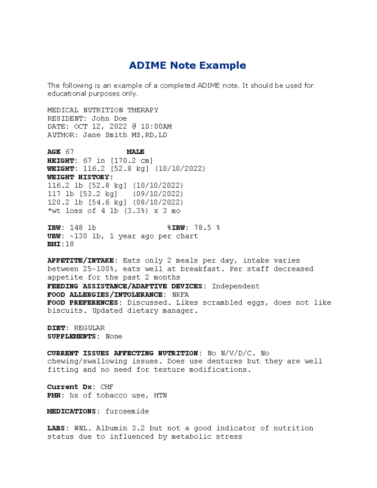 Adime Note Example - FEL - ADIME Note Example The following is an example of a completed ADIME ...